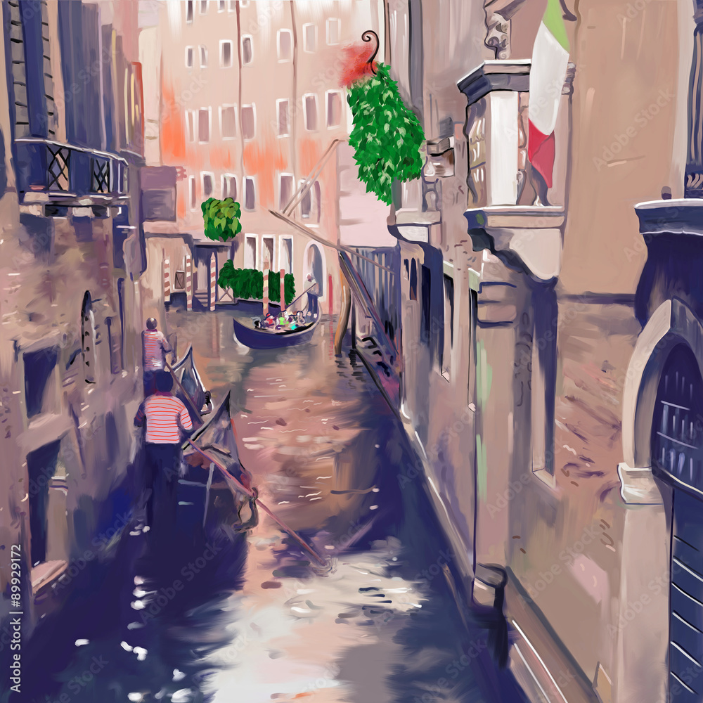 Venice canal with gondolas and gondoliers. Original digital painting ...
