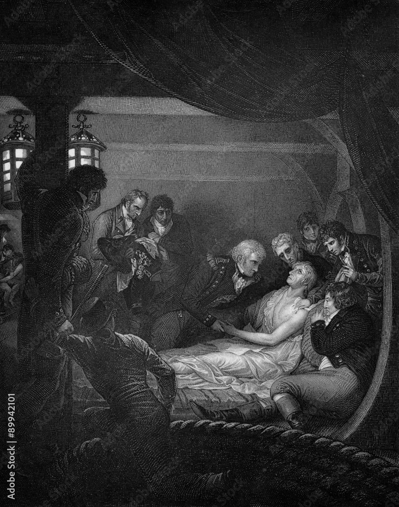 An engraved vintage illustration image of the death of Admiral Lord ...