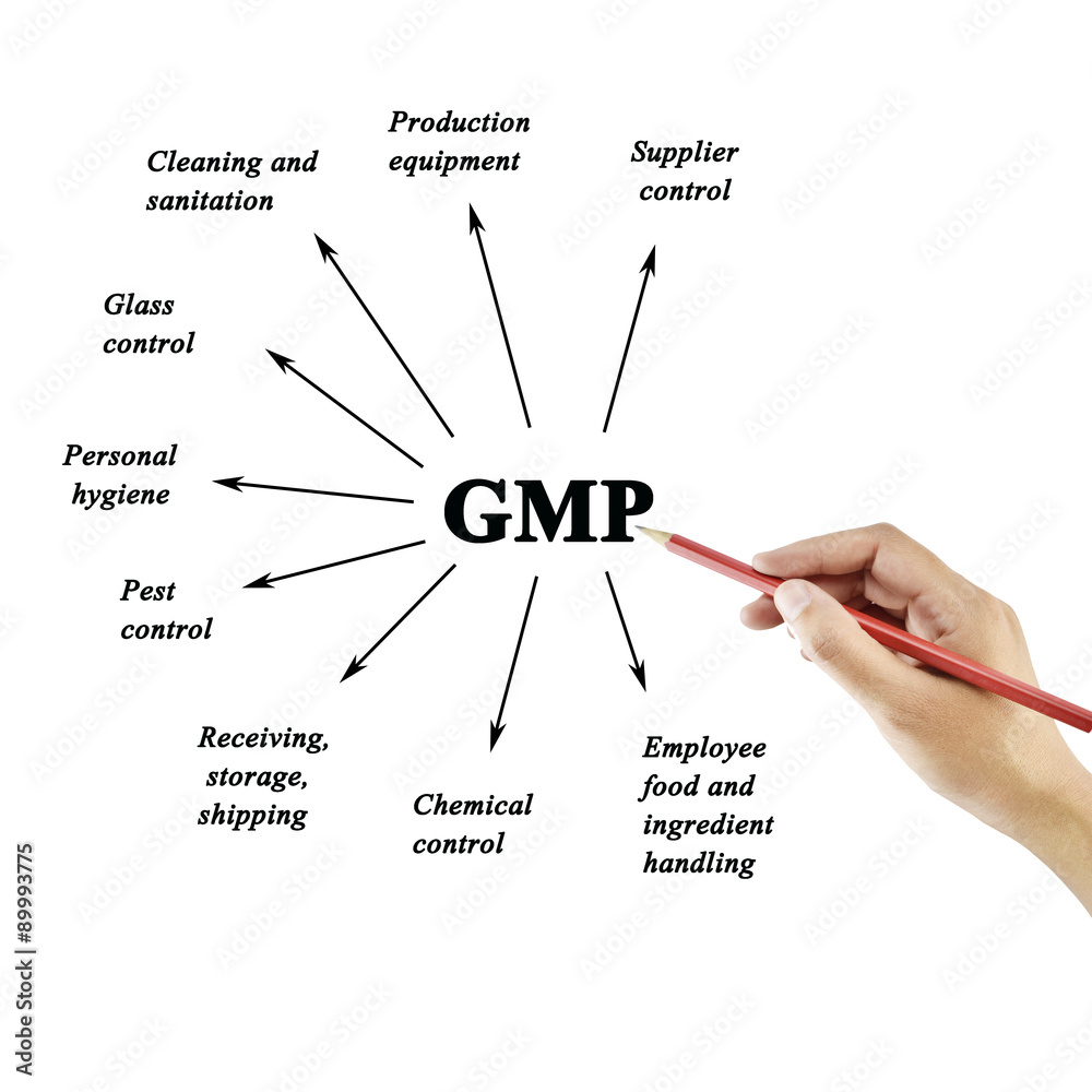 Women hand writing element of GMP on white background for used in ...