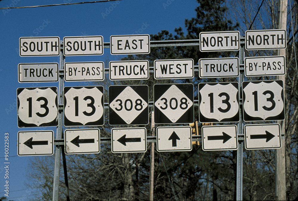 This is a set of road signs offering directions at a fork in the road ...