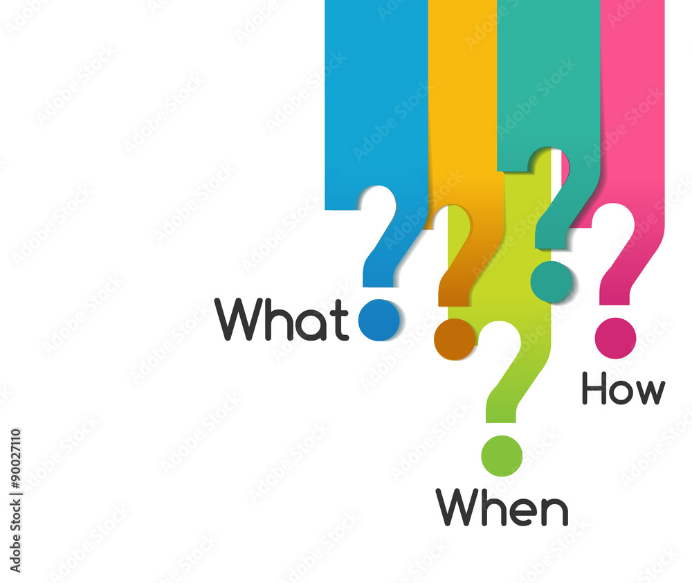 flat color question symbol of what when where why who how, analysis ...