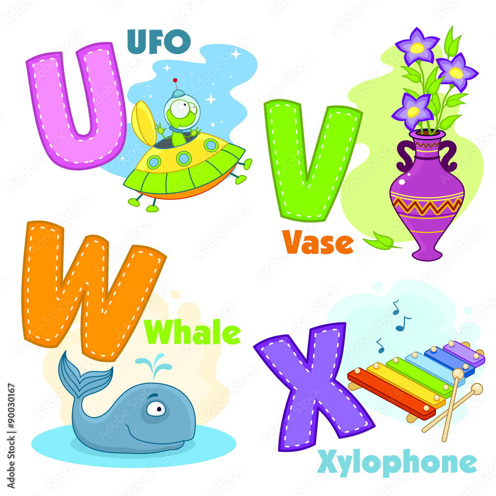 English alphabet U V W X with letters and pictures to them Stock Vector ...