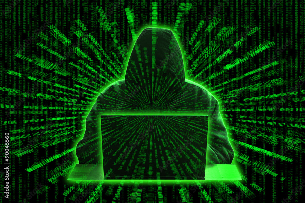 Conceptual image of a hacker on green matrix background Stock ...