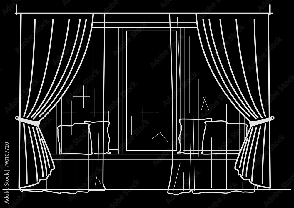 Linear architectural sketch big window with curtains and cushions on ...