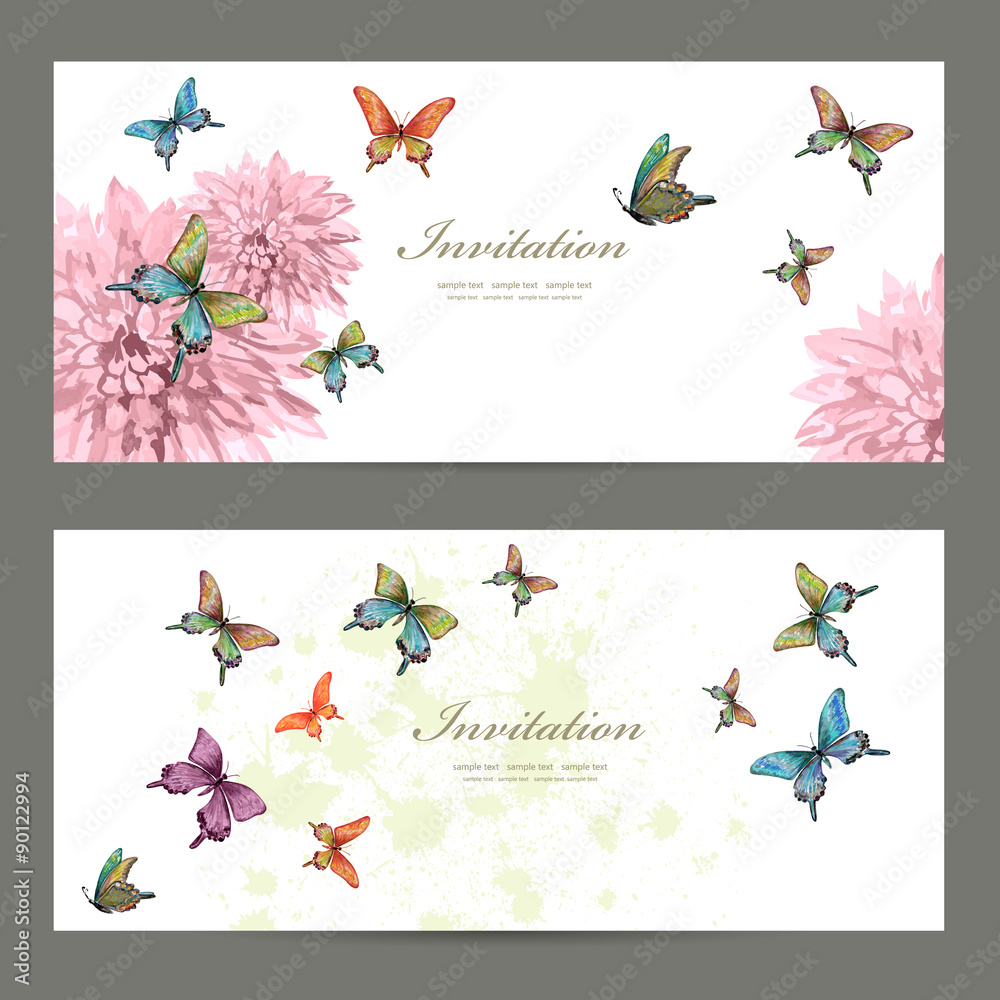 collection invitation cards with butterflies. watercolor paintin Stock ...