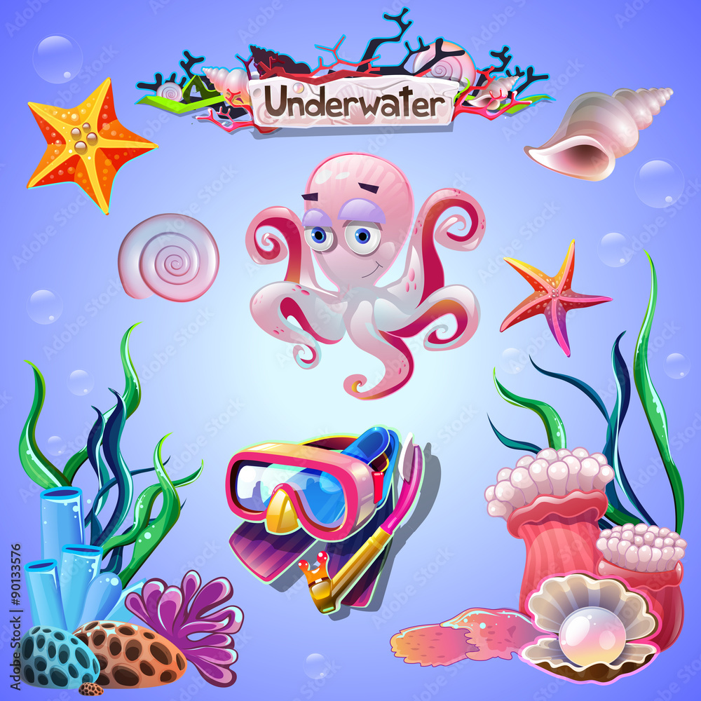 Set of underwater items Stock Vector | Adobe Stock