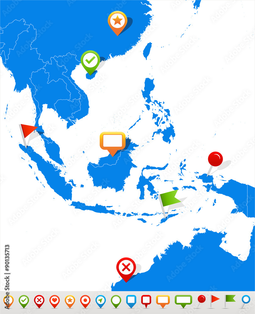 Southeast Asia map and navigation icons - Illustration. Vector ...