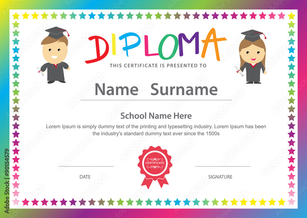 Preschool kids elementary school diploma certificate design back Stock ...