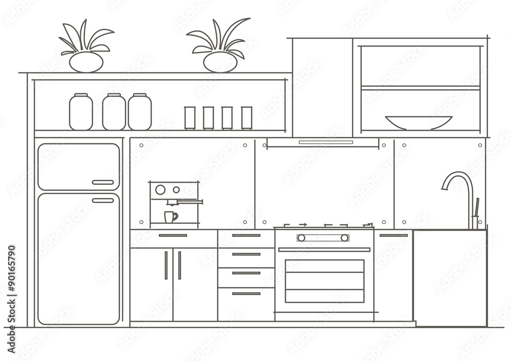 Architectural linear sketch interior small kitchen front view Stock ...