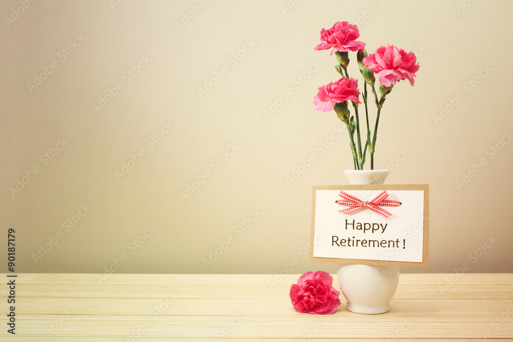 Happy retirement message with pink carnations Stock Photo | Adobe Stock