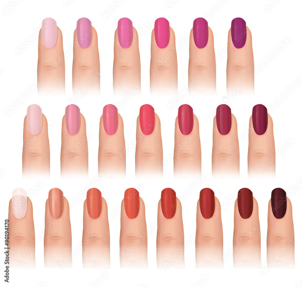 Nail polish design. Woman hand with varnish on nails Manicured finger isolated. Illustration Stock Adobe Stock