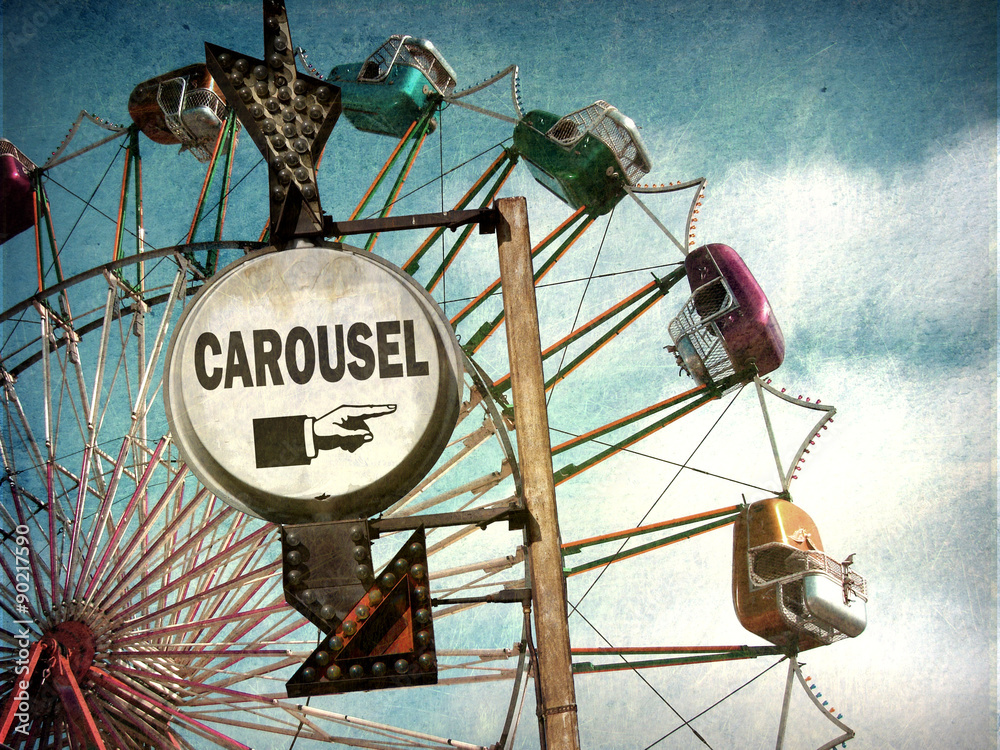 aged and worn vintage photo of carousel sign with ferris wheel Stock ...