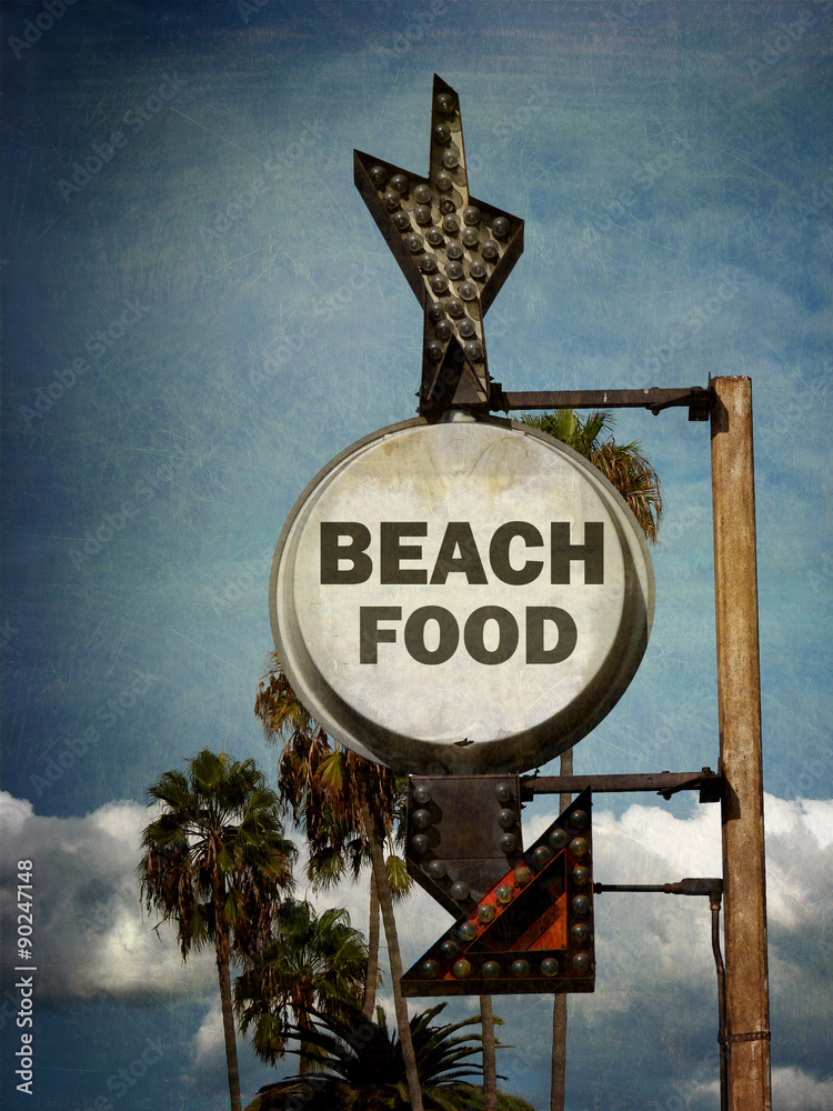 aged and worn vintage photo of beach food sign with palm trees Stock ...