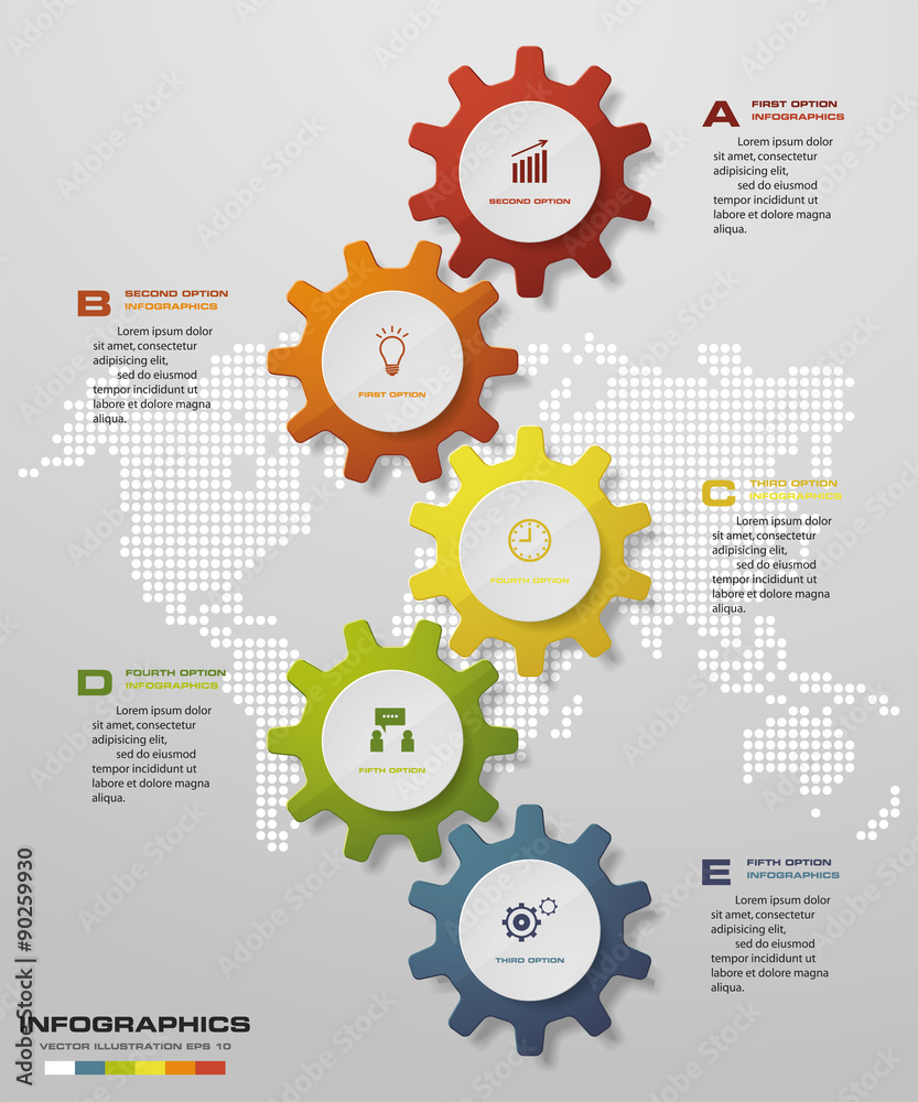5 steps of infographics gears shape on global map background. Simple ...