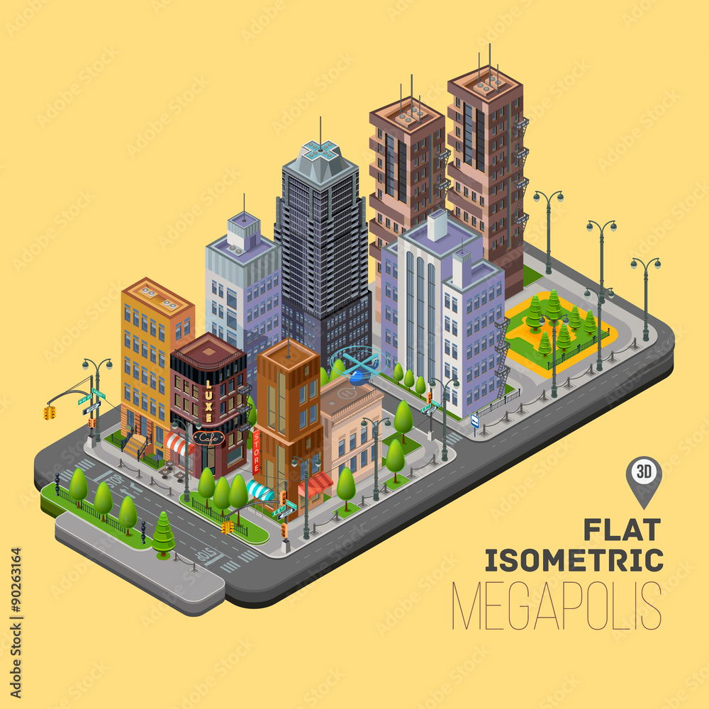 Isometric city, megapolis concept with 3d office buildings, cafes ...
