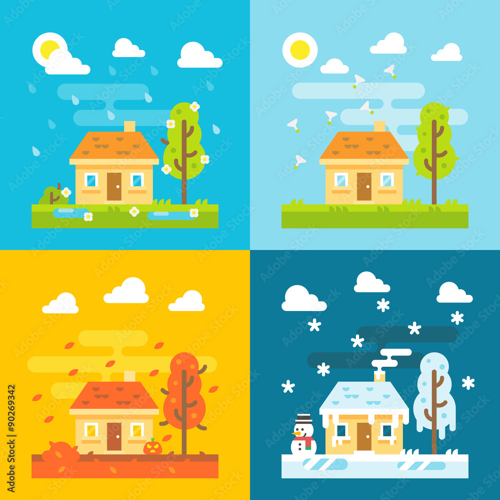 4 seasons house flat design set Stock Vector | Adobe Stock