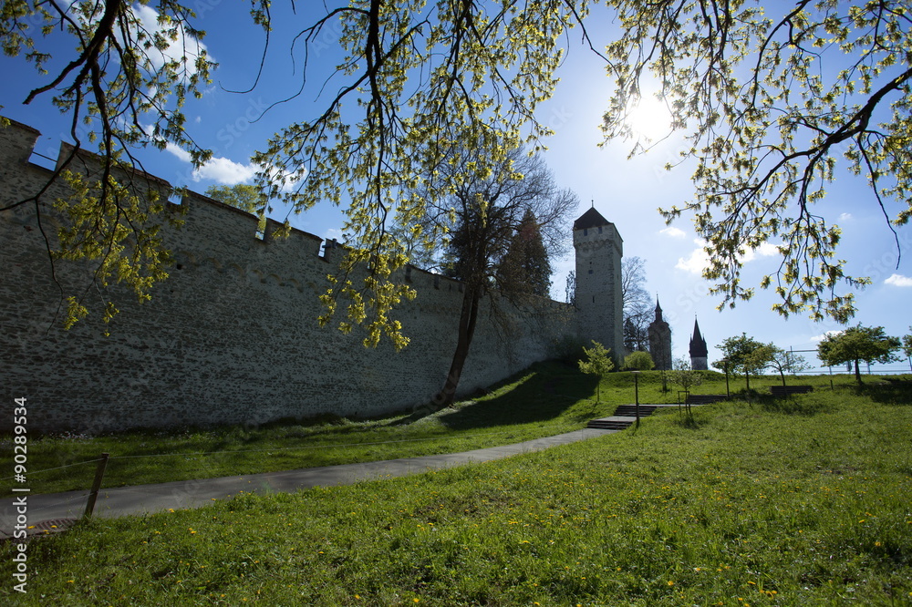 The Museggmauer or Musegg wall, was built in the 14th century to ...