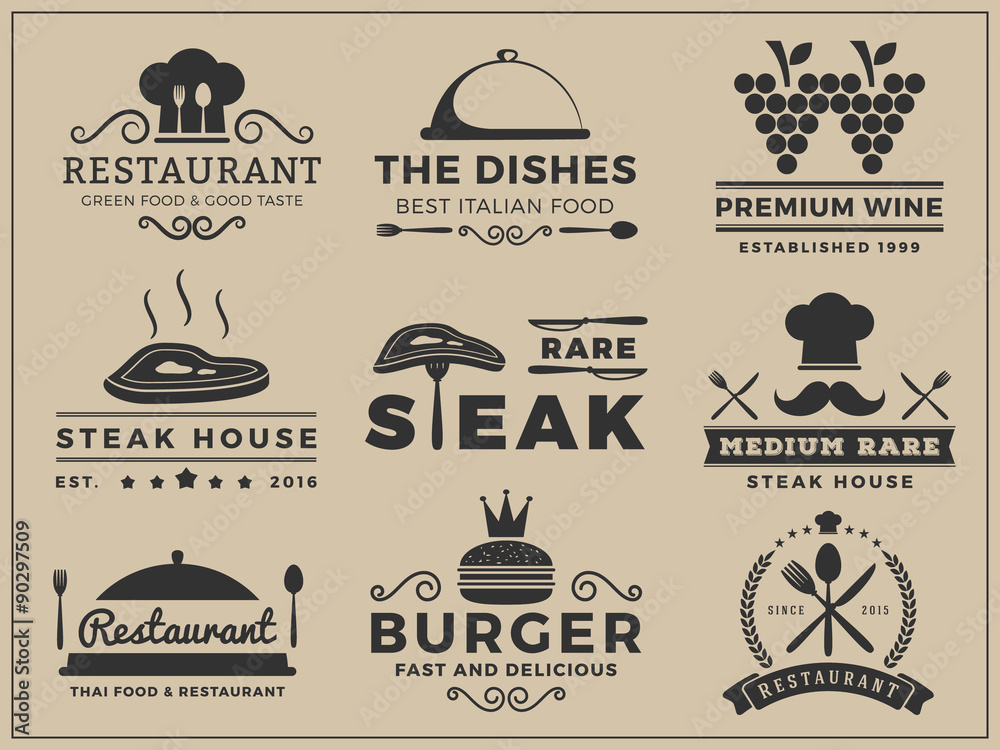 Set of logo & insignia design for Restaurant, Steak house, Wine, Burger ...