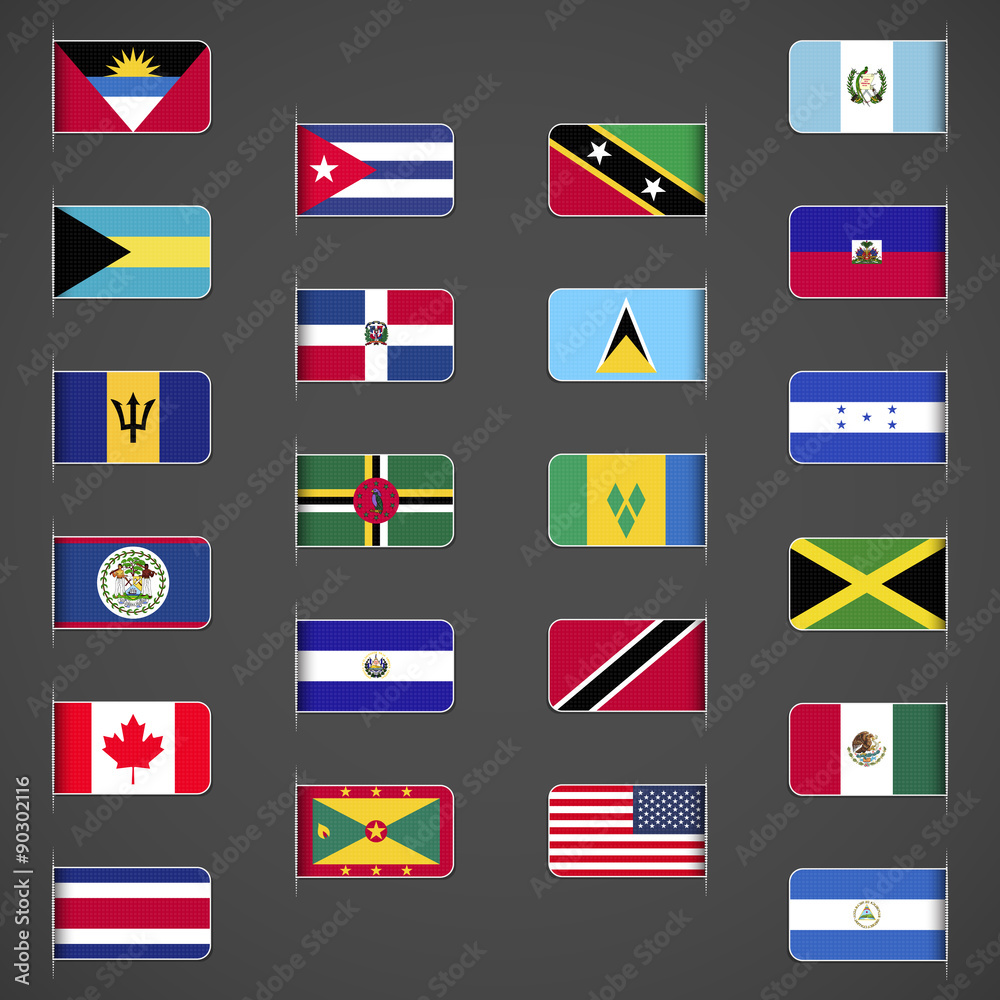 World flags collection, North and Central America. Labeled in layers ...