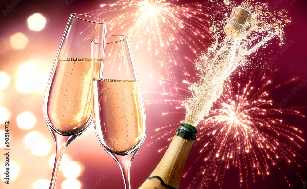 Champagner-Splash mit Feuerwerk Stock-Foto | Adobe Stock