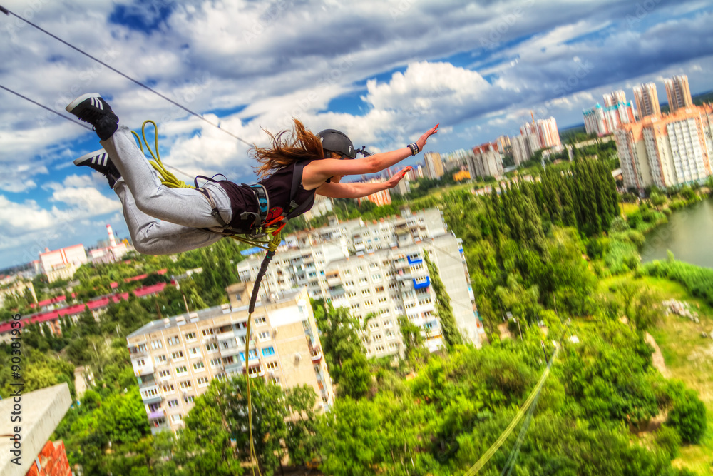 ropejump from an unfinished high-rise building lakeside Karasun in the ...