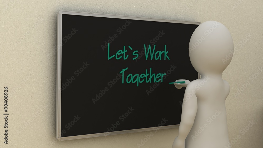 Abstract white man writing lets work together on board. Business and ...