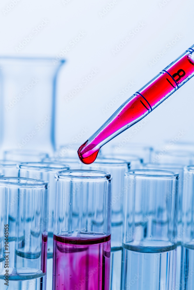 Laborgläser bei Versuch in Chemie Labor Stock-Foto | Adobe Stock