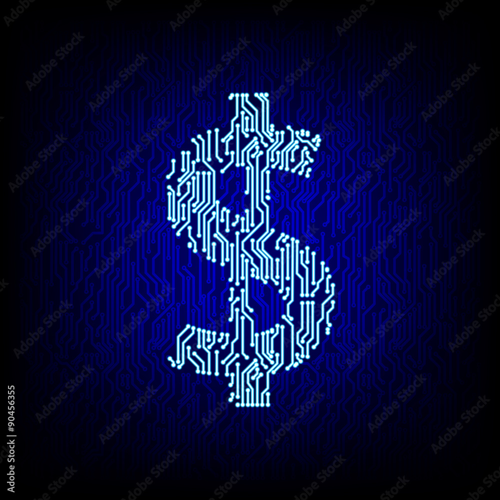 Cyber money concept. Circuit board dollar symbol on the digital high ...