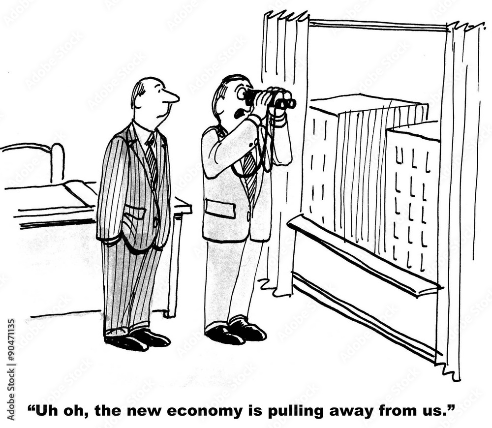 Business cartoon showing two businessmen at a window. One is looking ...