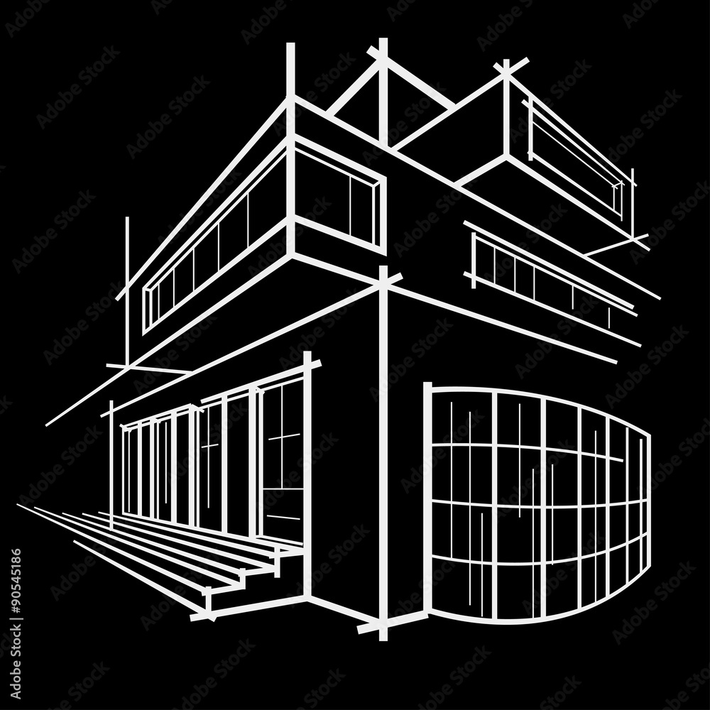 architectural linear sketch modern building on black background Stock ...