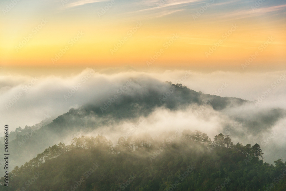 beautiful sunrise and mist in moring at Doi angkang , chiangmai Stock ...