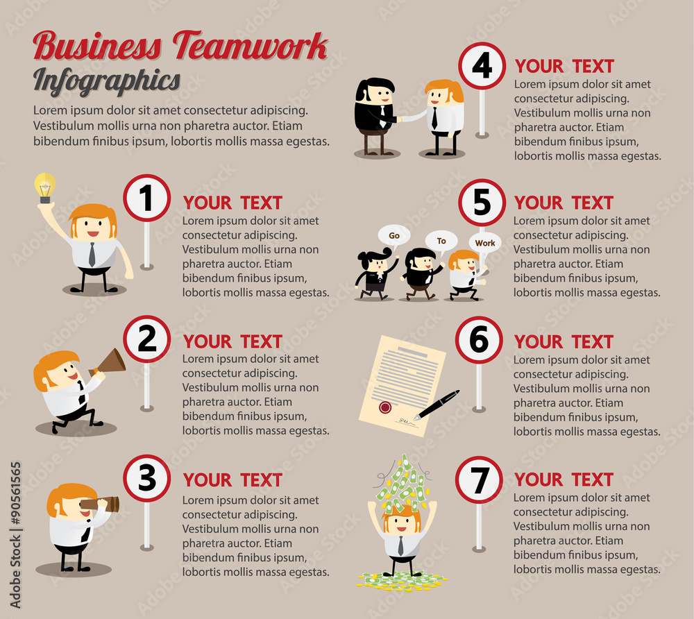 Business teamwork process infographic cartoon set, Partnership and ...