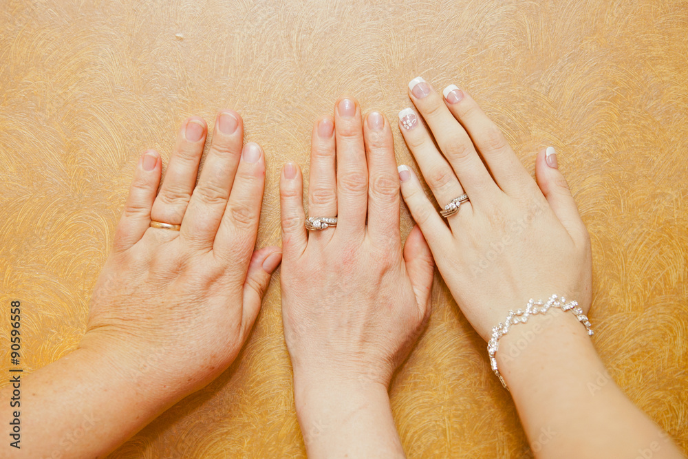 Fotka „Three hands with wedding rings showing three generations of ...