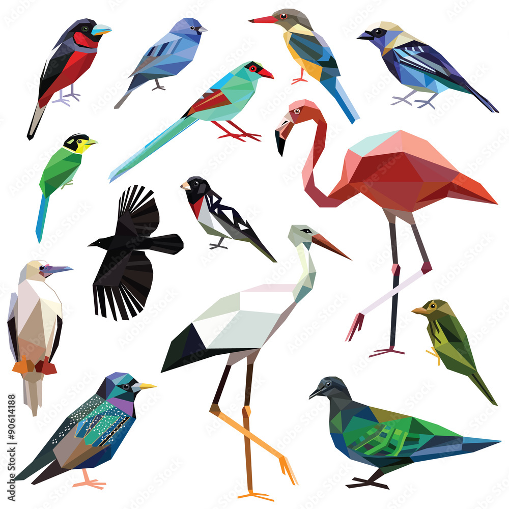 Birds-set colorful birds low poly design isolated on white background ...