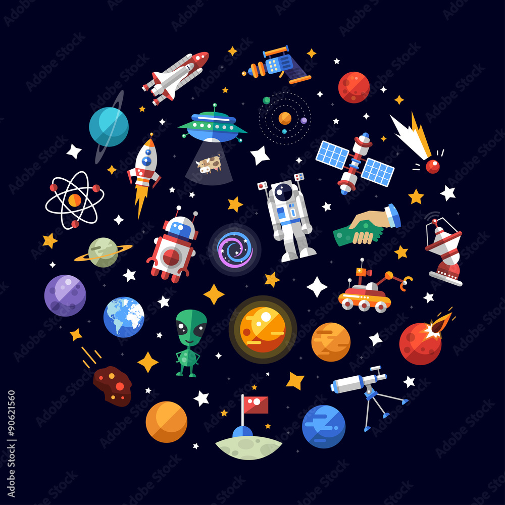 Circle flat design composition of space icons and infographics Stock ...