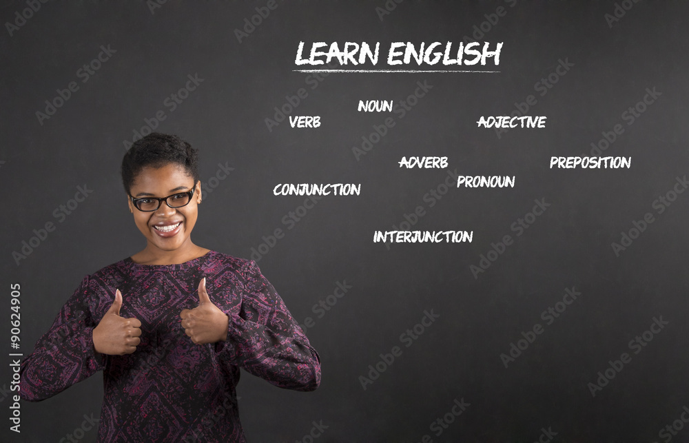 African American woman with thumbs up hand signal learn English on ...
