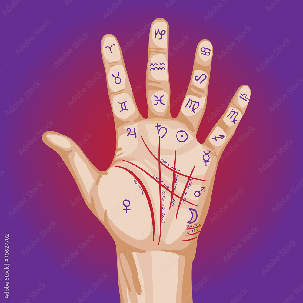 Palmistry map on open palm Stock Illustration | Adobe Stock