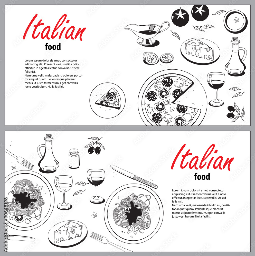 Vector cooking banner template with hand drawn objects on italian food ...