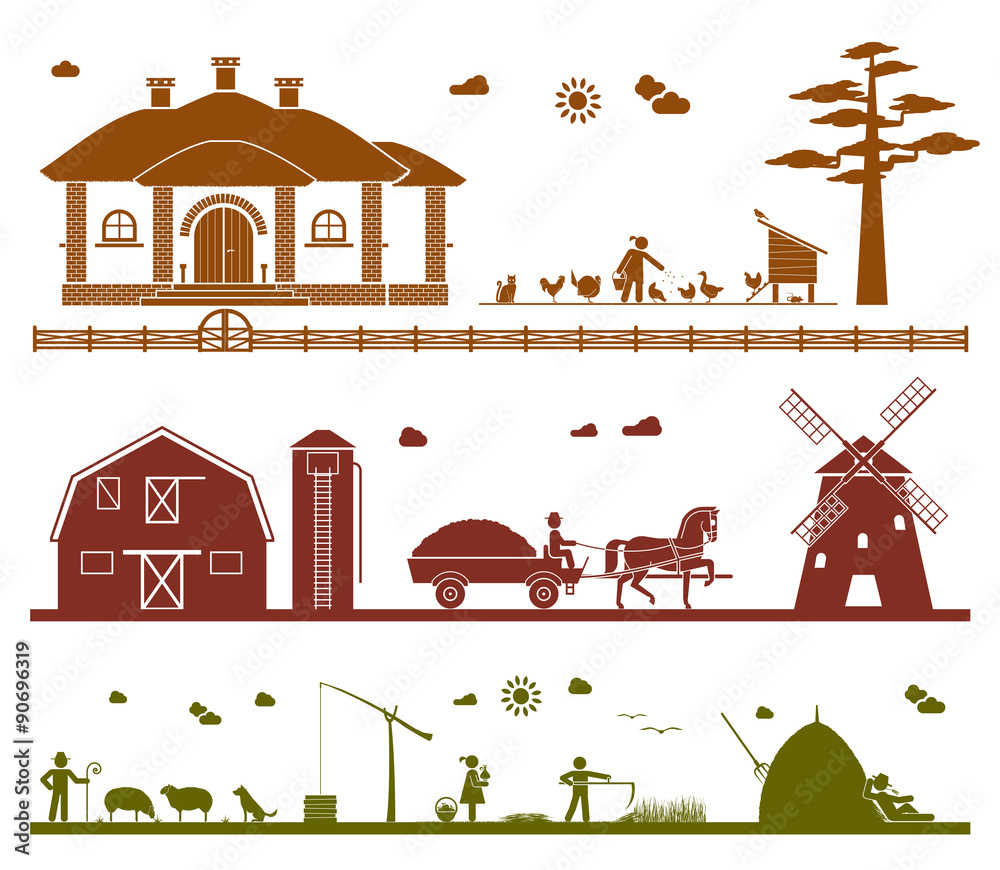 Set of pictogram icons presenting various work on the farm. Feeding ...
