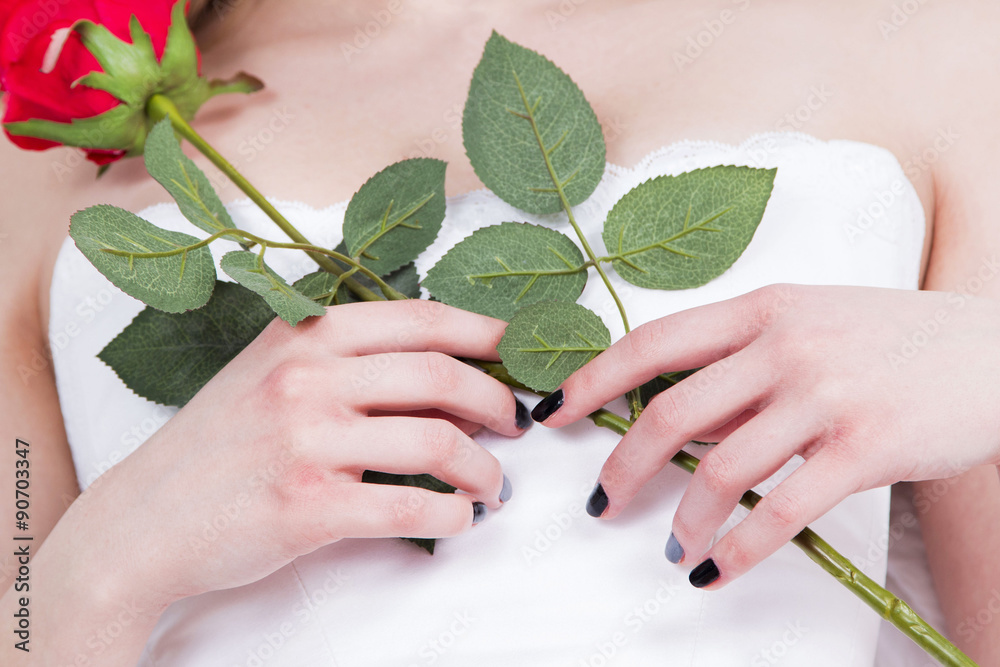 Sexy girl in white corset with roses, body detail, romance concept ...