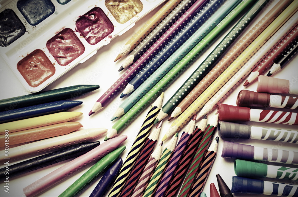 Colored pencils, crayons, markers and paints on white background Stock ...