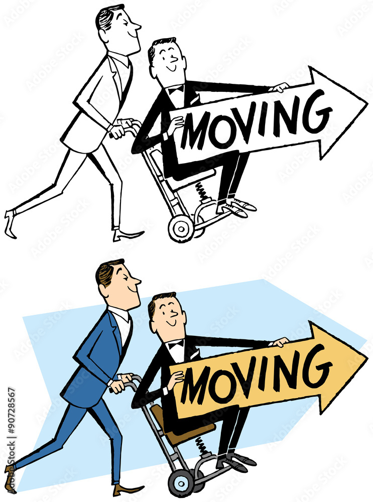 We're Moving! Two men hold a moving sign. Stock Vector | Adobe Stock