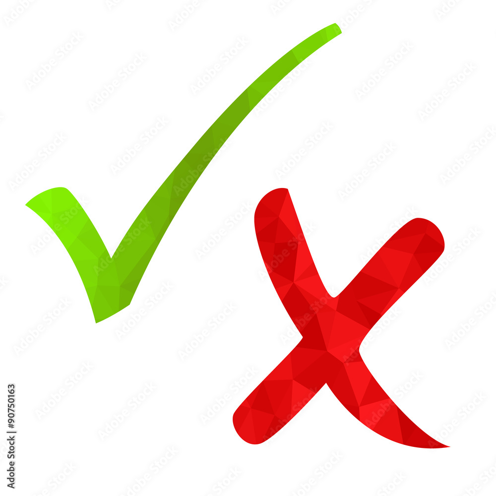 Polygon style green check mark and red cross isolated on white ...