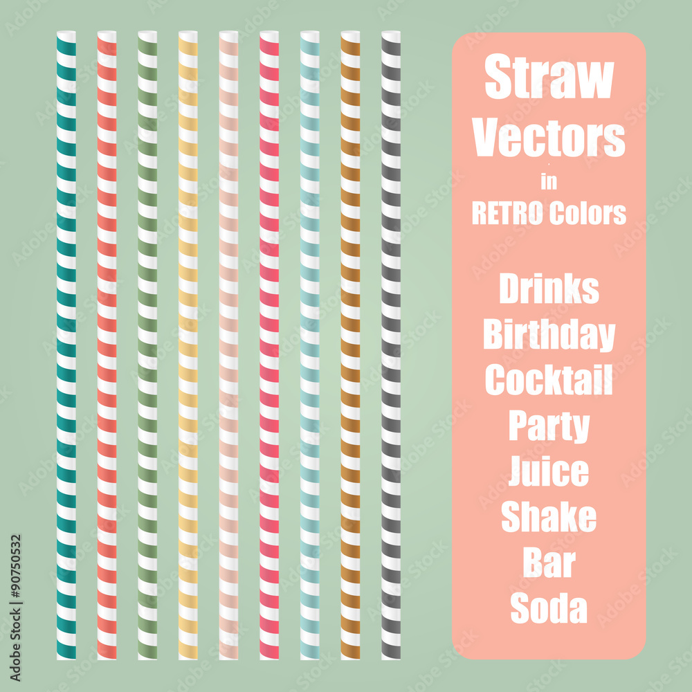 Straw vector set in nine different retro colors with screwed line ...