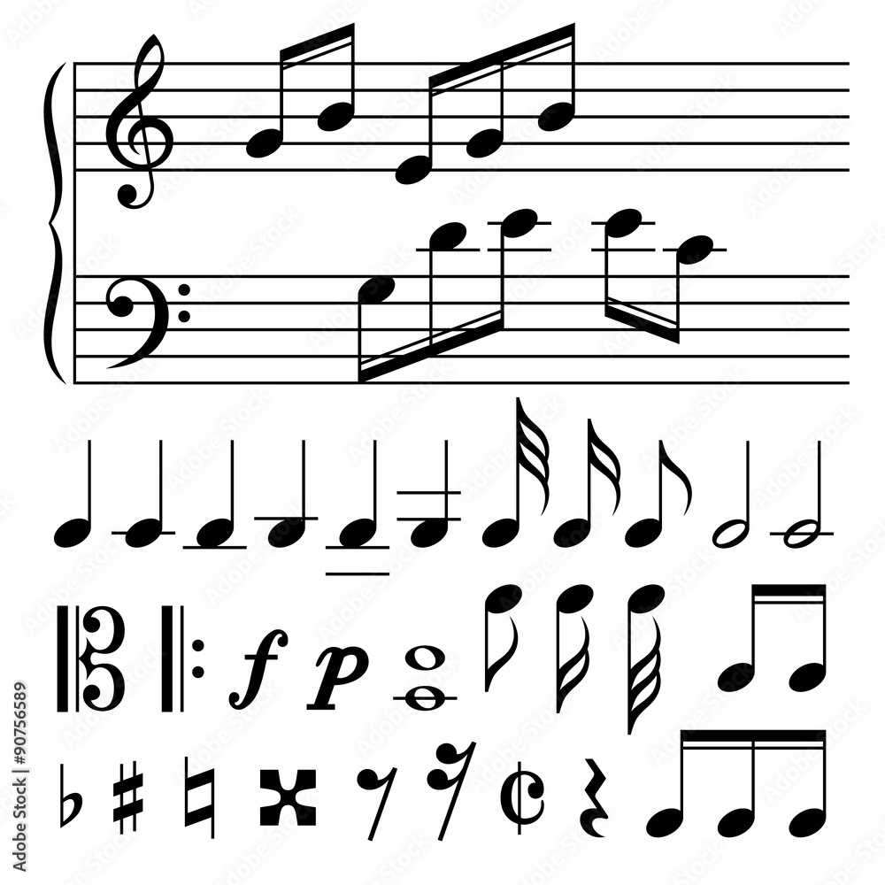 Set of music notes vector. Black and white silhouettes Stock Vector ...