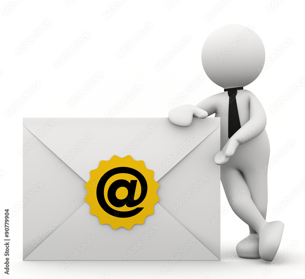 Illustrazione Stock omino 3d con busta e icona E-MAIL | Adobe Stock