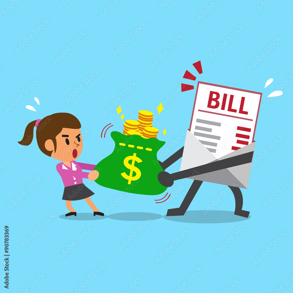 Cartoon bill payment character and businesswoman do tug of war with ...