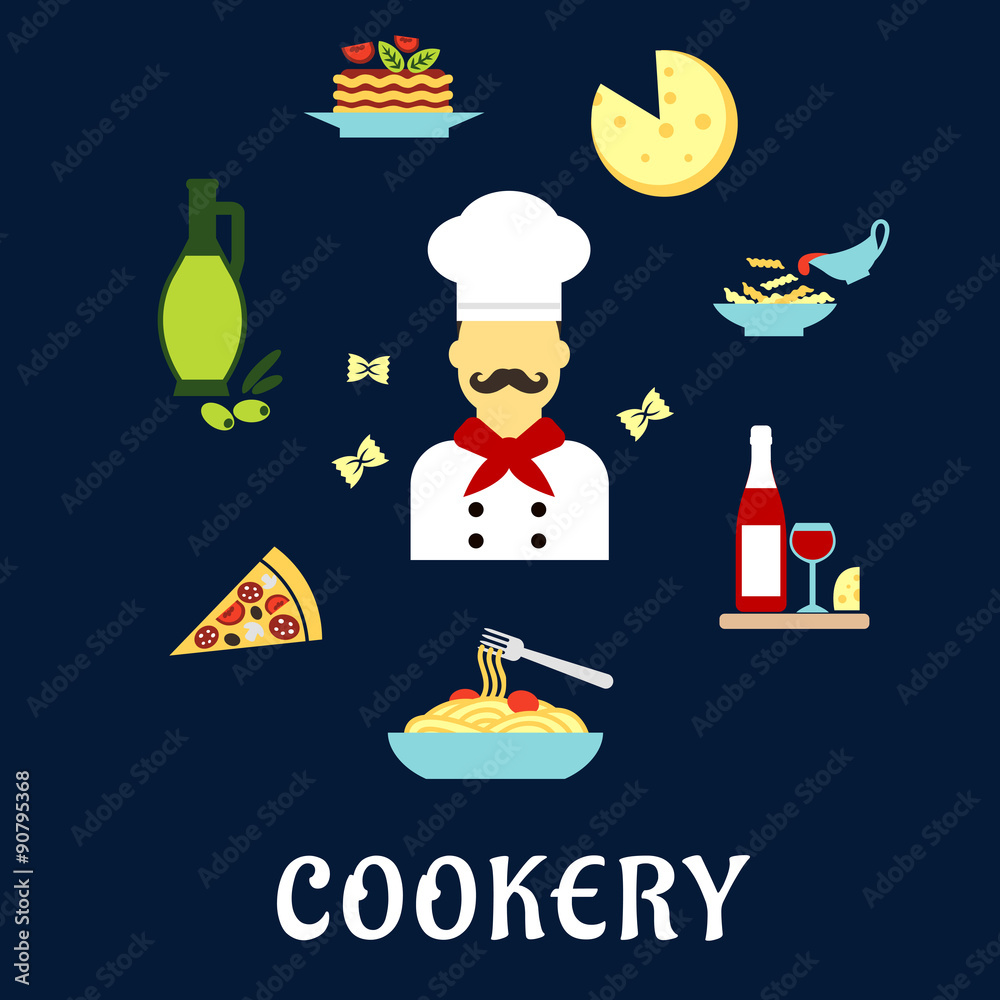 Italian cuisine flat icons with chef and dishes Stock Vector | Adobe Stock