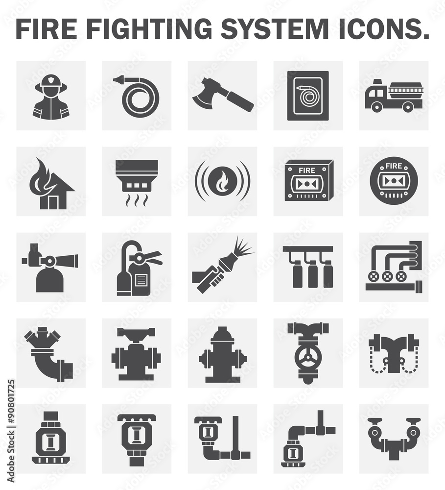 Firefighting system, equipment vector icon i.e. alarm, sprinkler, hose ...