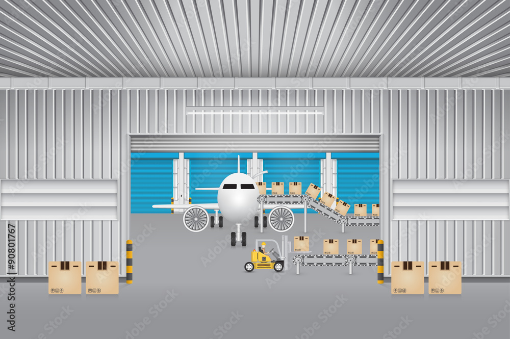 Vector of operator loading carton or cardboard box to airplane storage ...